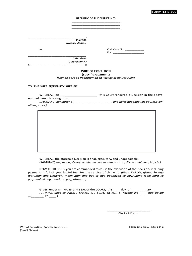 FORM 13-B-SCC (Bisaya) Writ of Execution Specific Judgment | PDF