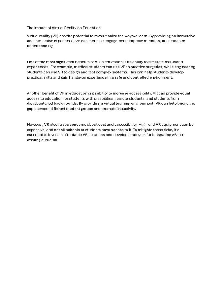 The Impact of Virtual Reality On Education | PDF