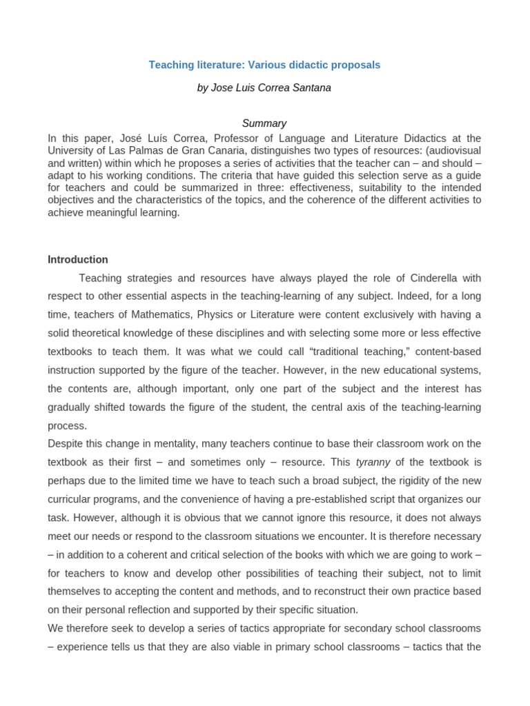 Two Didactic Strategies for Teaching Literature | PDF | Teachers | Learning