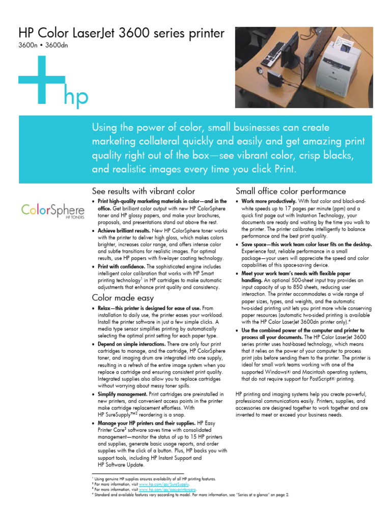 hp-clj-3600-printer-specs | PDF | Printer (Computing) | Computer Engineering