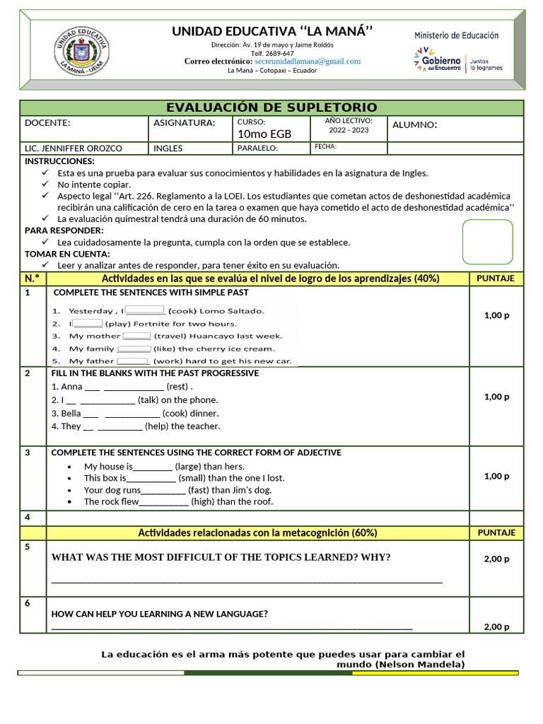 Evaluación Quimestral Q2 | PDF | Pruebas