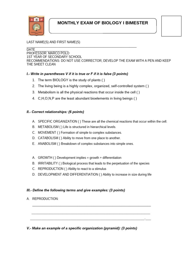 First Year Secondary Biology Exam | PDF