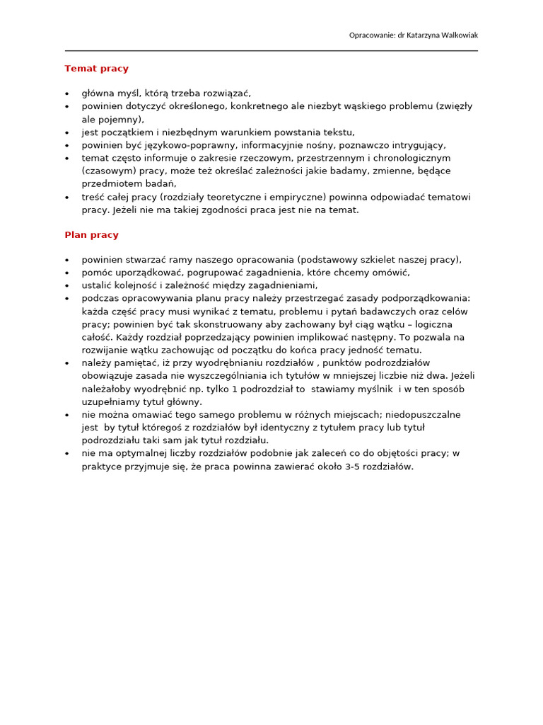 Temat Pracy, Plan Pracy, Wstep I Zakonczenie | PDF