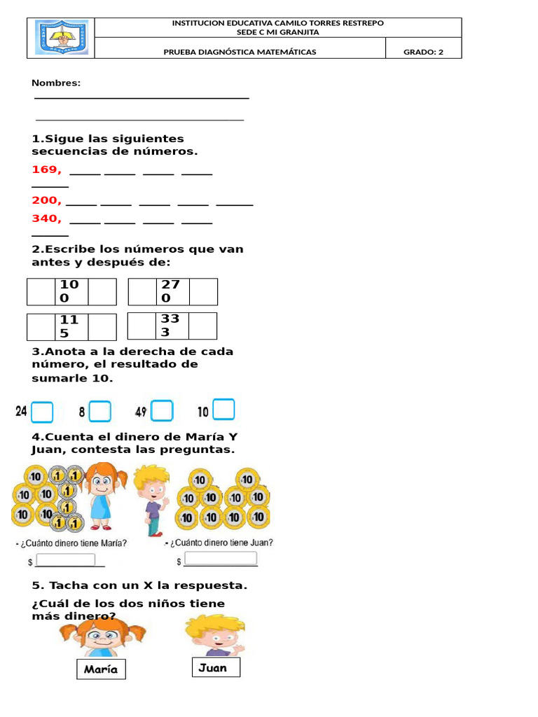 Prueba Diagnóstica 2025 Matematicas | PDF