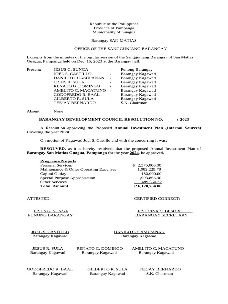 Resolution AIP (Internal Sources) 2024 - SAN MATIAS APPROVING | PDF