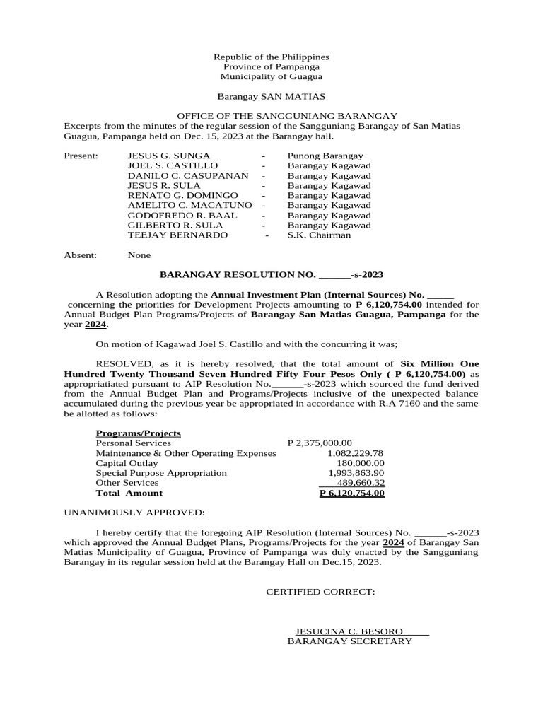 Resolution Aip (Internal Sources) San Matias (Budget 2024) Adopting | PDF