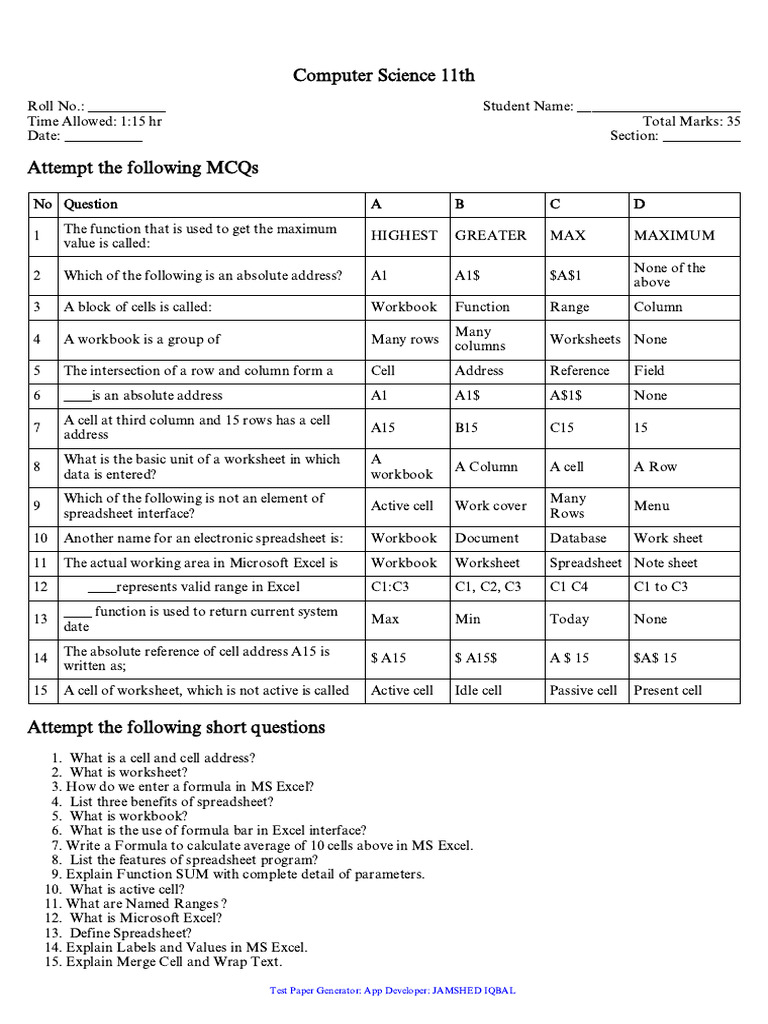 Excel Basics for Computer Science Form 1 | PDF | Spreadsheet ...