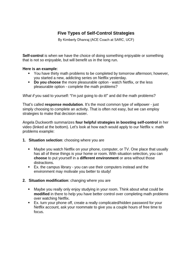 Student Self-Control Strategies | PDF | Self-Management | Self Control