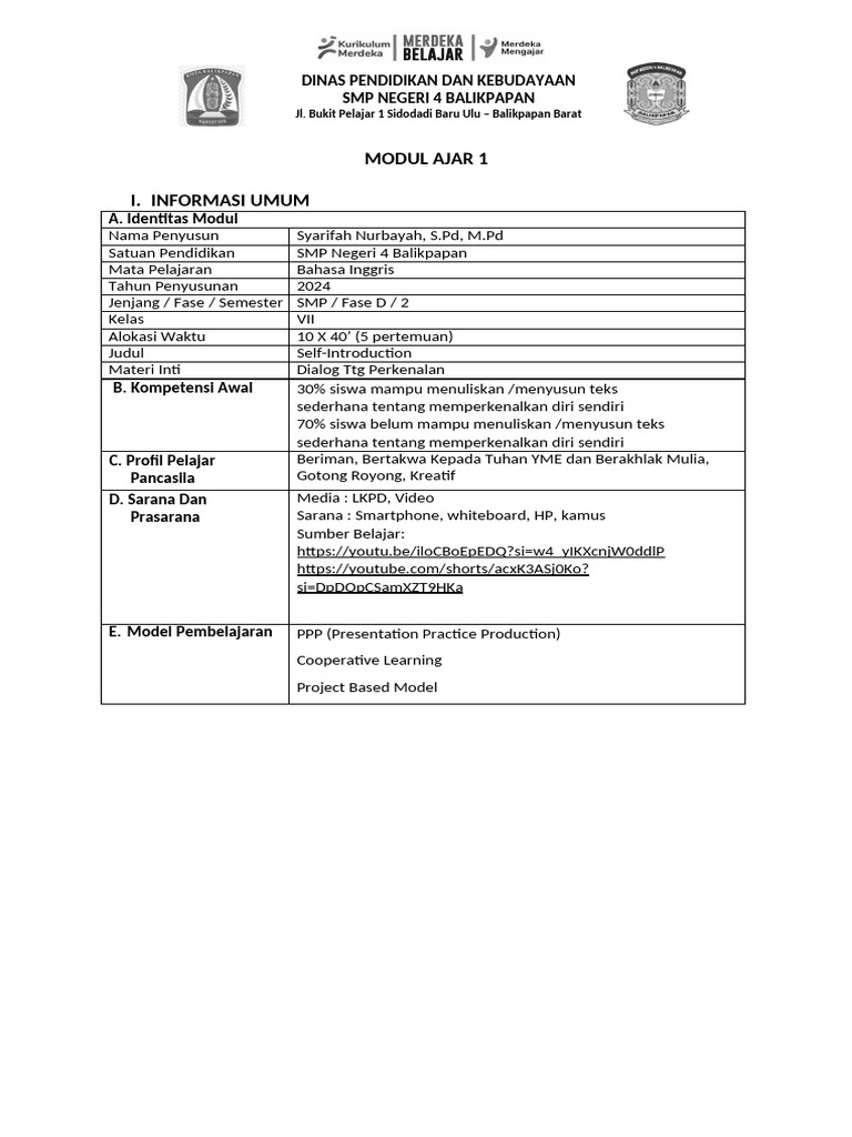 Modul Ajar 1-Self Introduction | PDF