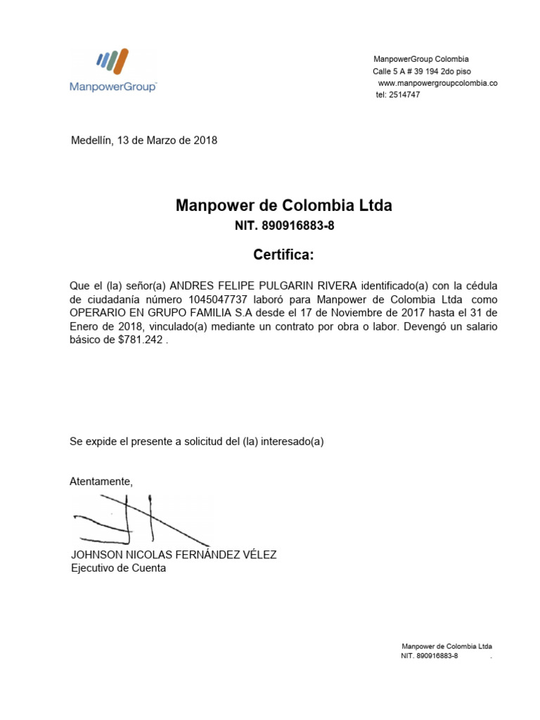 Carta Laboral Manpower | PDF
