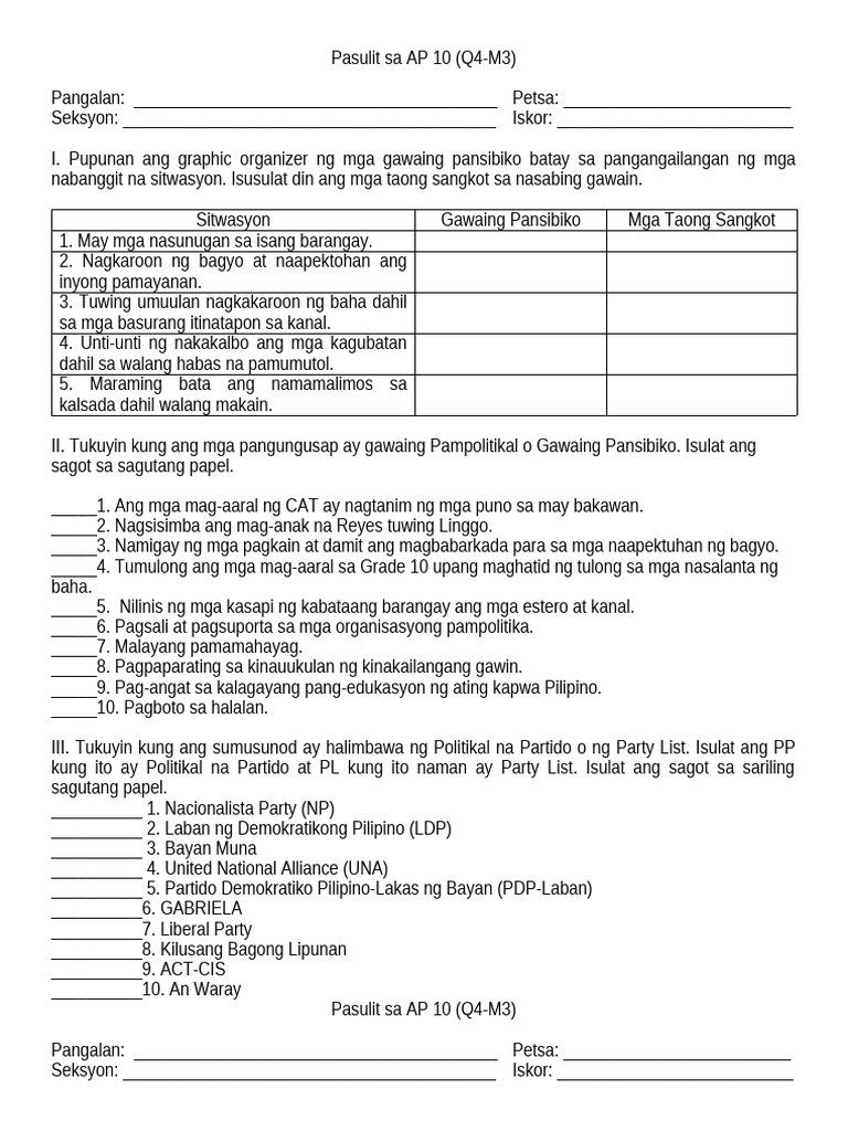 Pasulit Sa AP 10-Q4-M3 | PDF