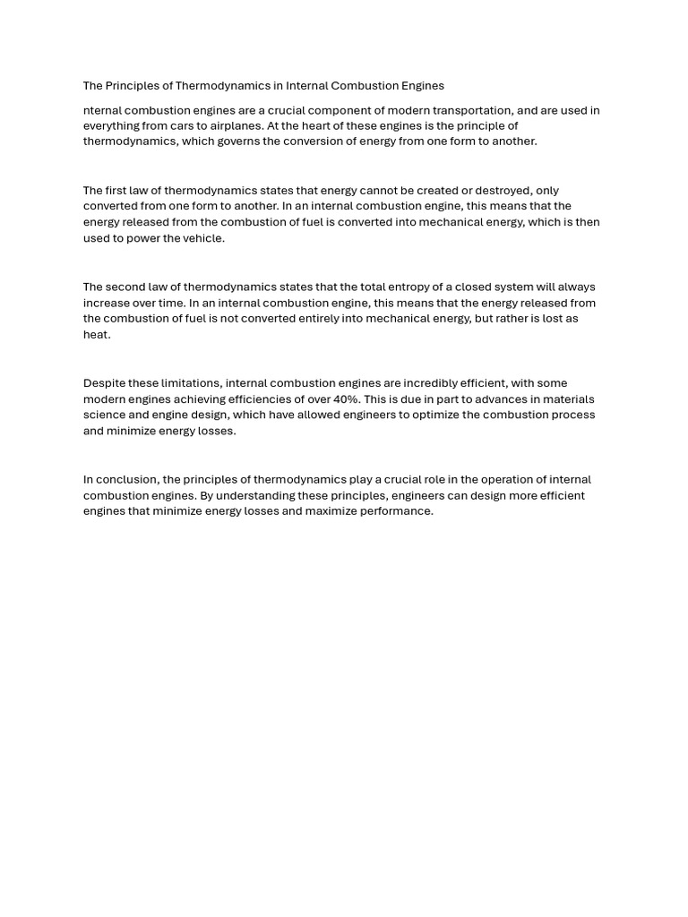 The Principles of Thermodynamics in Internal Combustion Engines | PDF