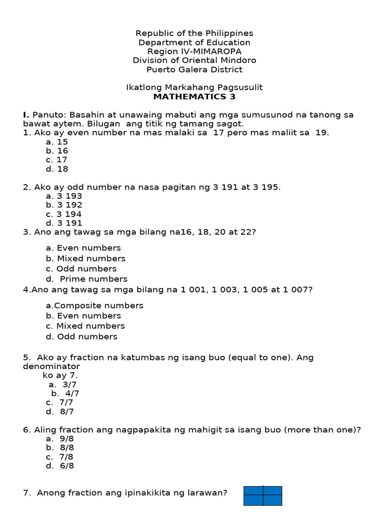 3rd Periodic Test Math 3 Tagalog District | PDF