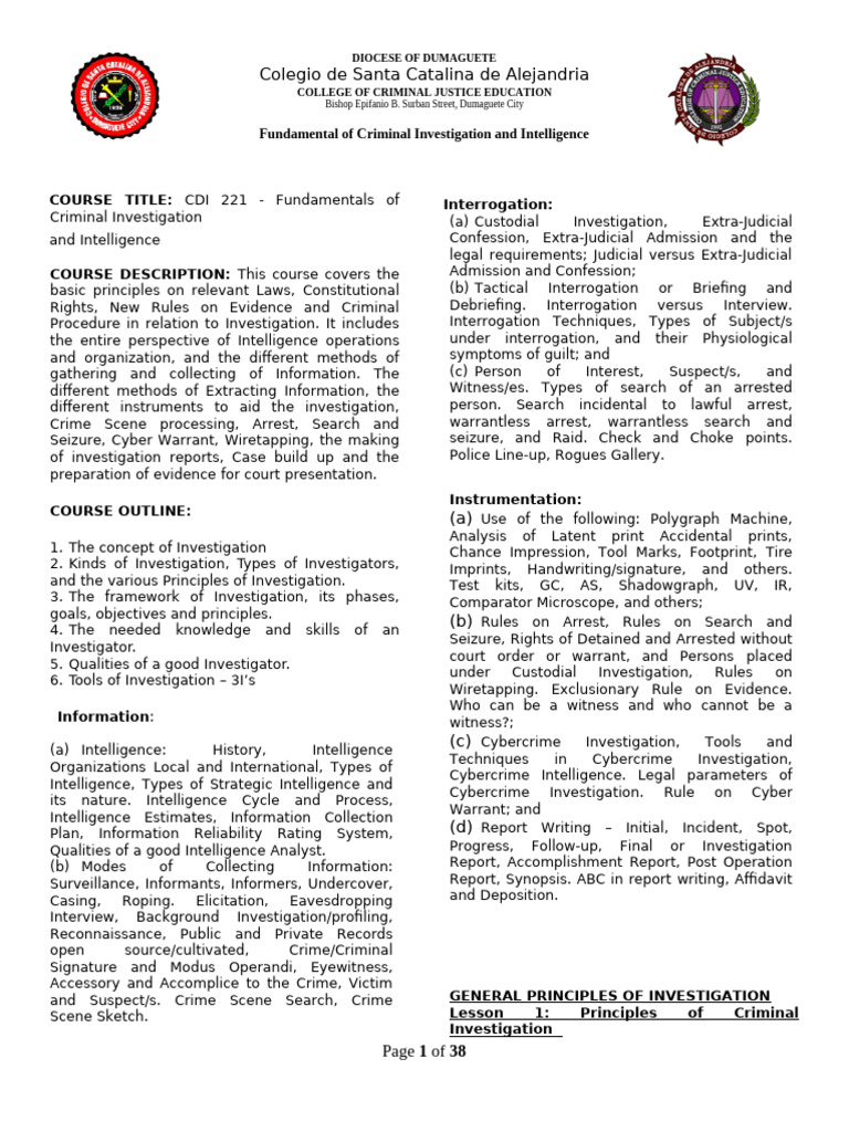 CDI 1. Fundamentals of Criminal Investigation With Intelligence | PDF ... CDI 1. Fundamentals of Criminal Investigation With Intelligence | PDF ...