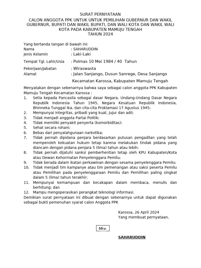 Surat Pernyataan PPK | PDF