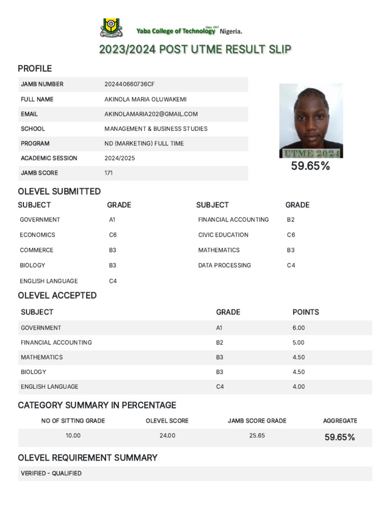 2023/2024 Post UTME Result Slip | PDF