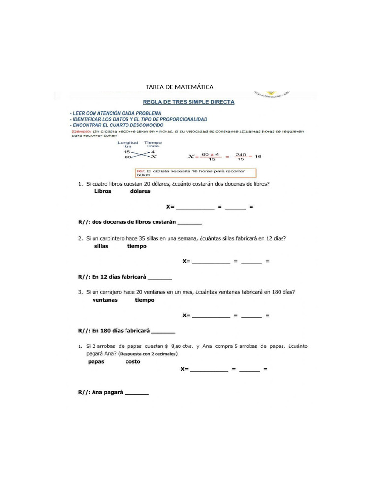 Tarea de Matemática 7mo Regla de Tres Simple 7 de Enero 20245 | PDF