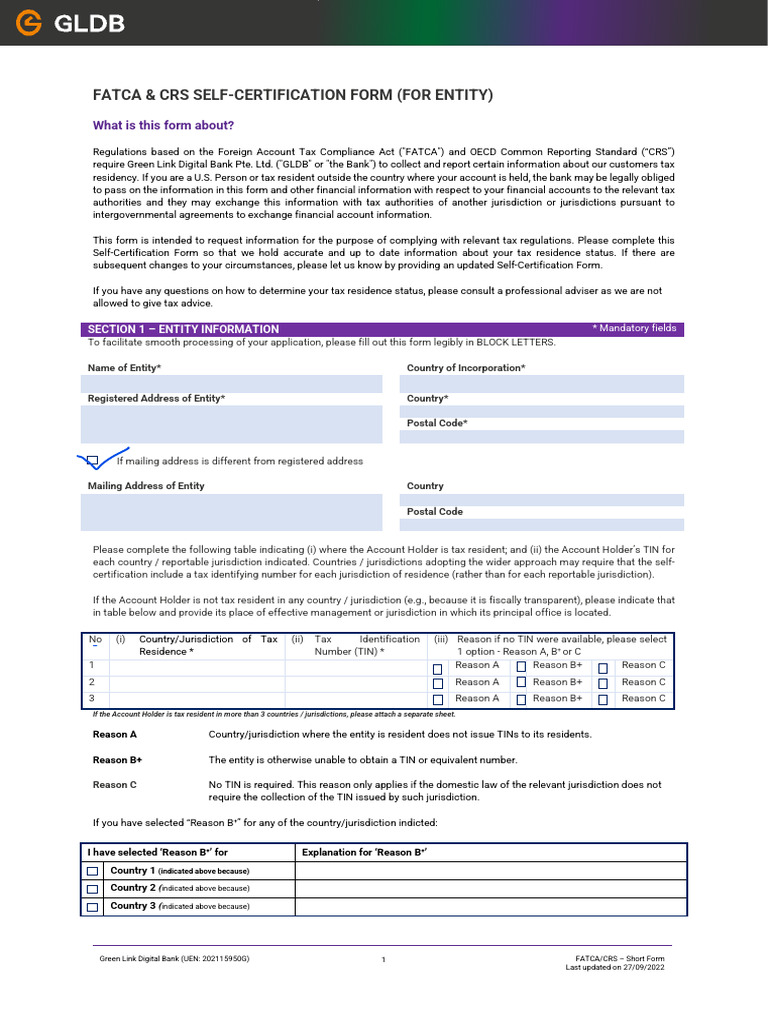 FATCA - CRS Self-Certification Form For Entity - 27sep - v1 - Short ...
