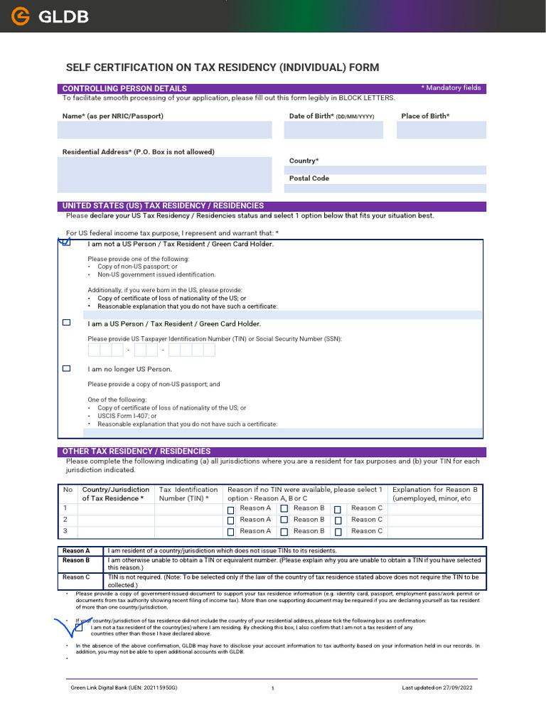 Self-Certification On Tax Residency Status (Individual) Form - 27sep2022 | PDF | Identity ...