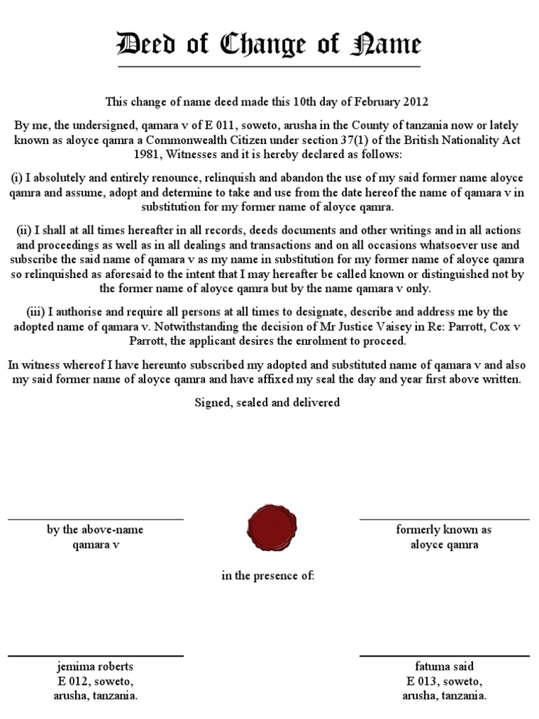 Deed of Change of Name | PDF | Legal Documents | Constitutional Law
