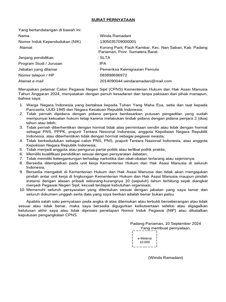 Surat Pernyataan Winda Ramadani | PDF