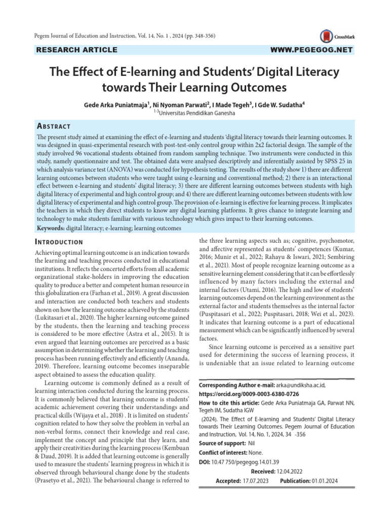 The Effect of E-Learning and Students' Digital Literacy Towards Their Learning Outcomes | PDF ...