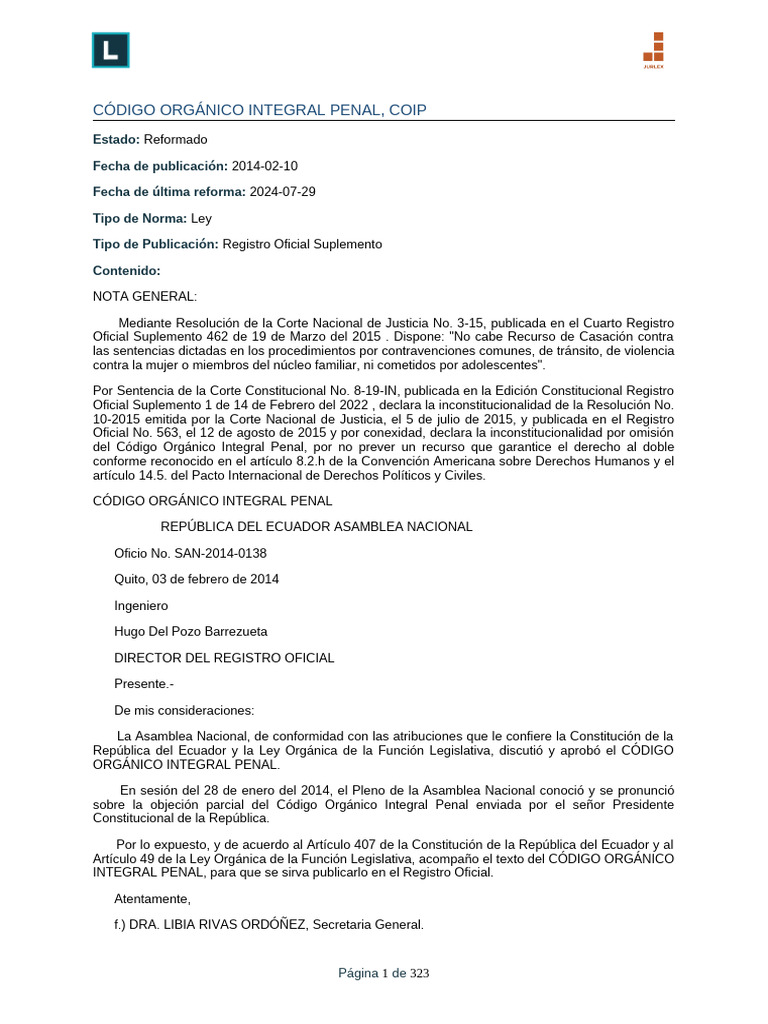 JURLEX-PENAL-CODIGO_ORGANICO_INTEGRAL_PENAL_COIP | PDF | Derecho penal ...