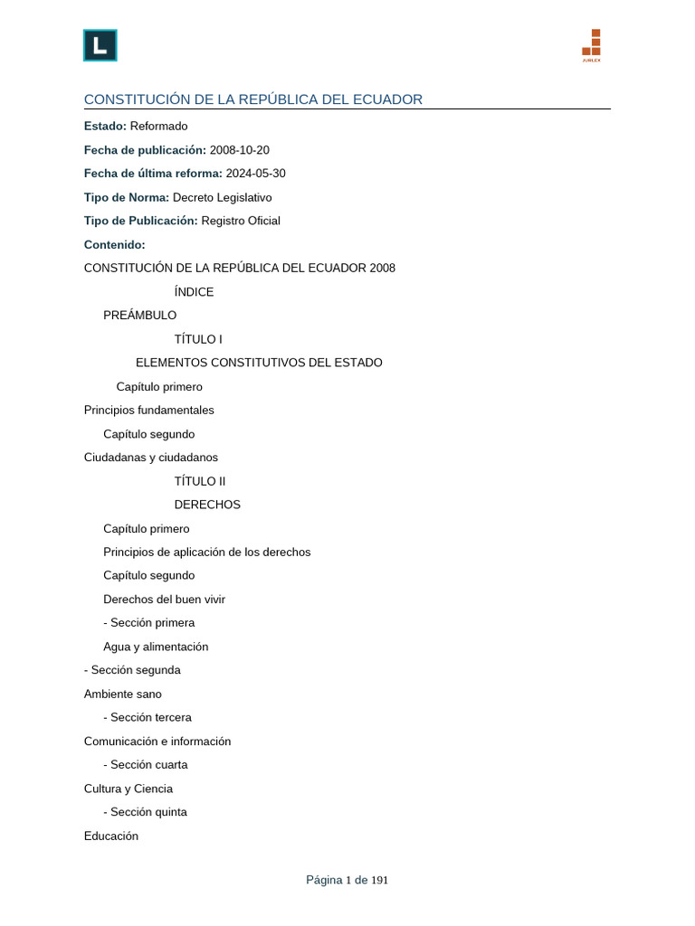 JURLEX-PUBLICO-CONSTITUCION_DE_LA_REPUBLICA_DEL_ECUADOR | PDF | Invalidez | Derechos