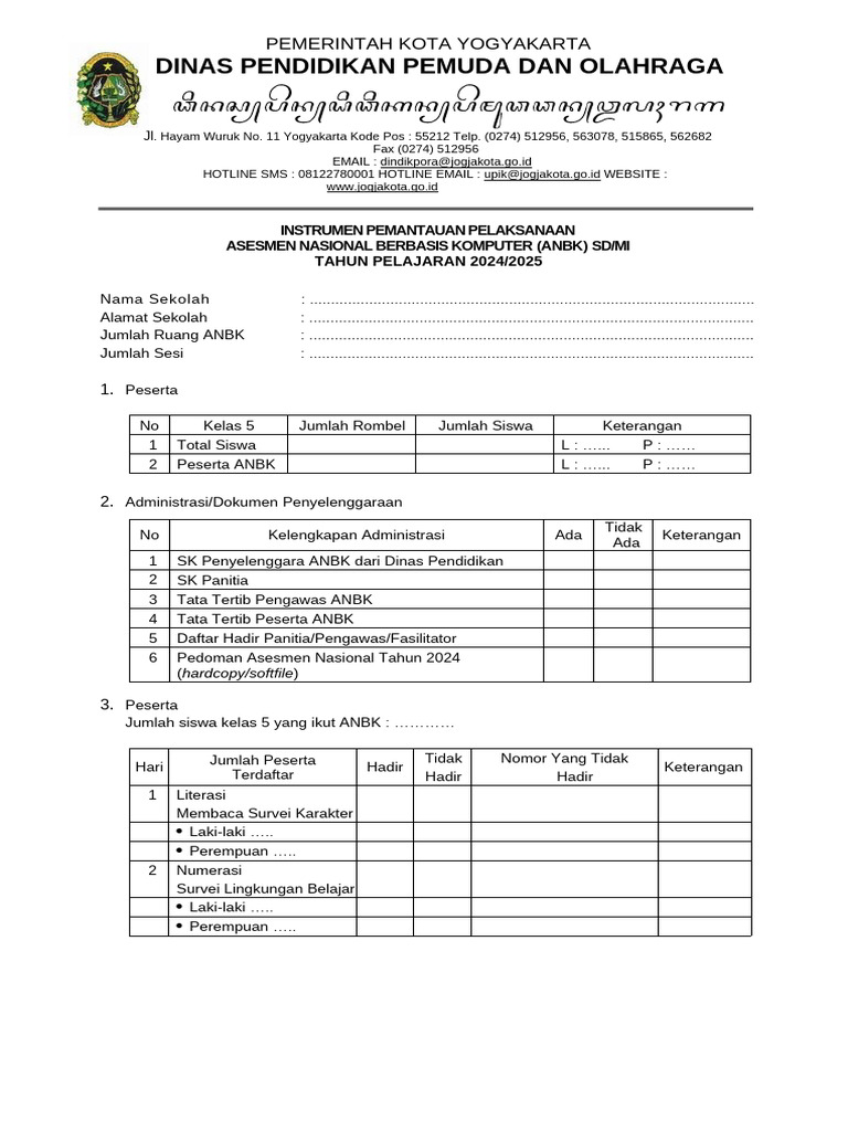 Instrumen Monev ANBK 2024 Yogyakarta | PDF