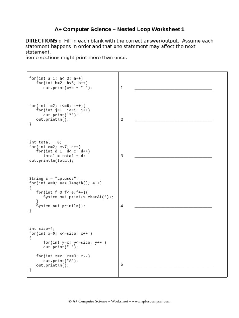 Nestedloops Worksheet1 Java Aplus | PDF Nestedloops Worksheet1 Java Aplus | PDF