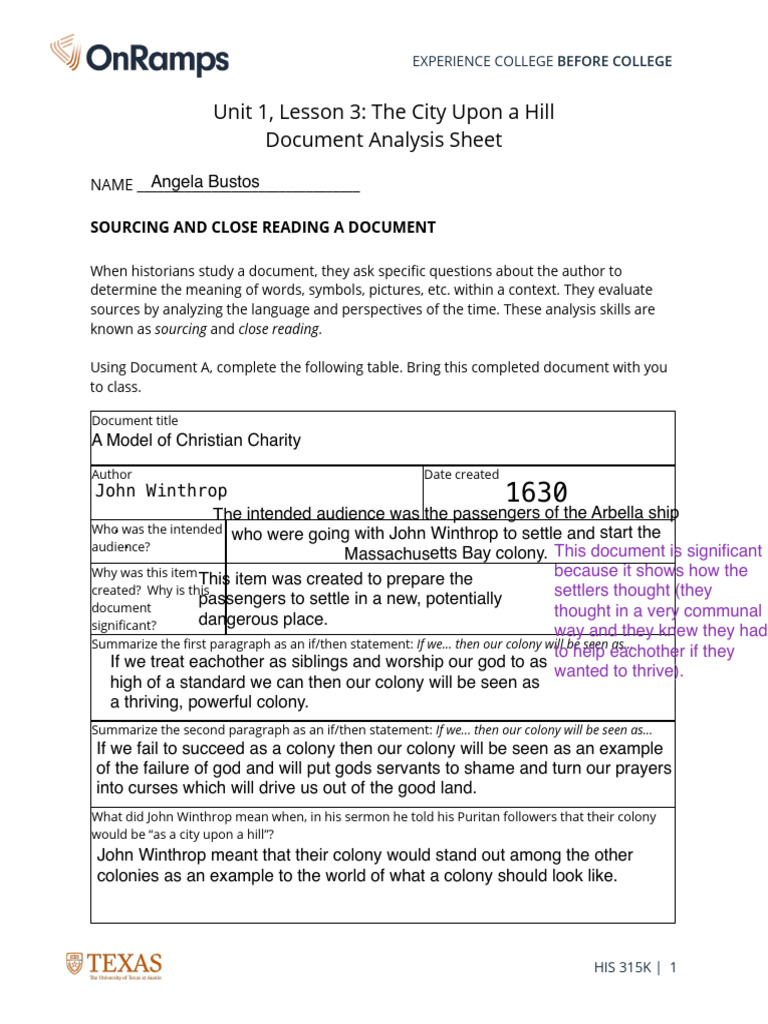 Analysis Sheet | PDF | John Winthrop
