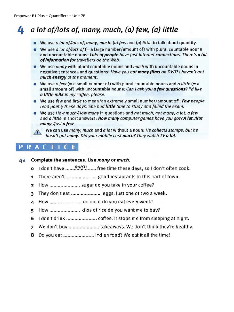 Empower B1 Plus - Quantifiers - Unit 7B | PDF