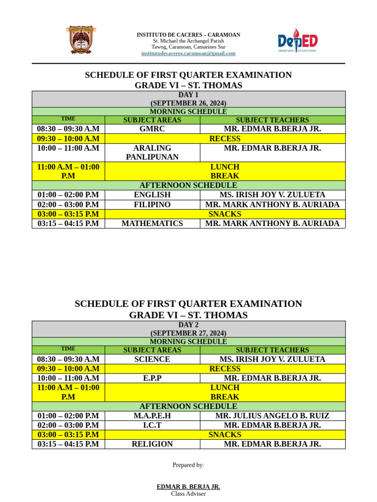 First Quarter Exam Schedule 2024 | PDF