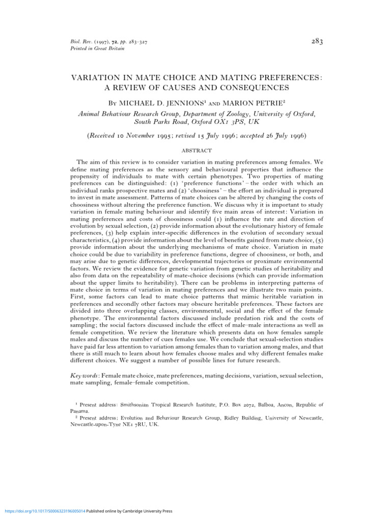 Variation in Mate Choice and Mating Preferences A Review of Causes and ...