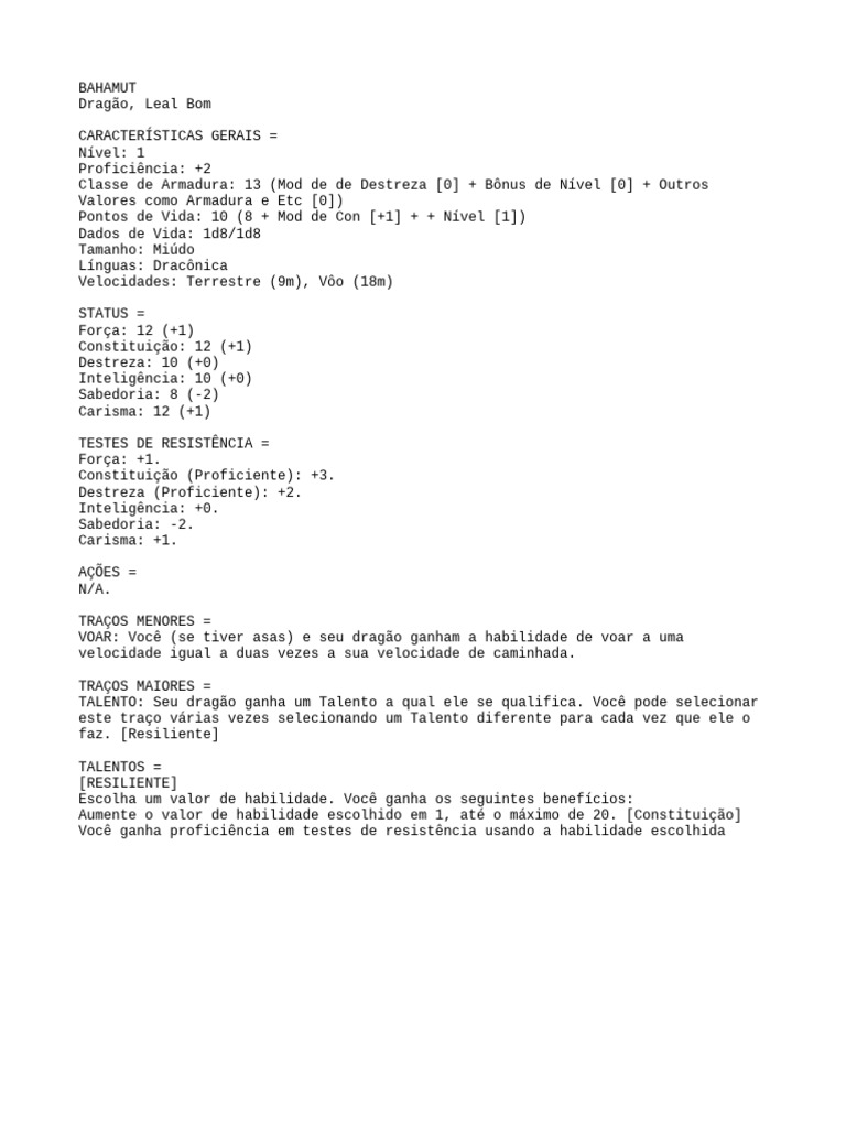 Ficha de Dragao Companheiro - Bahamut Level 1 | PDF