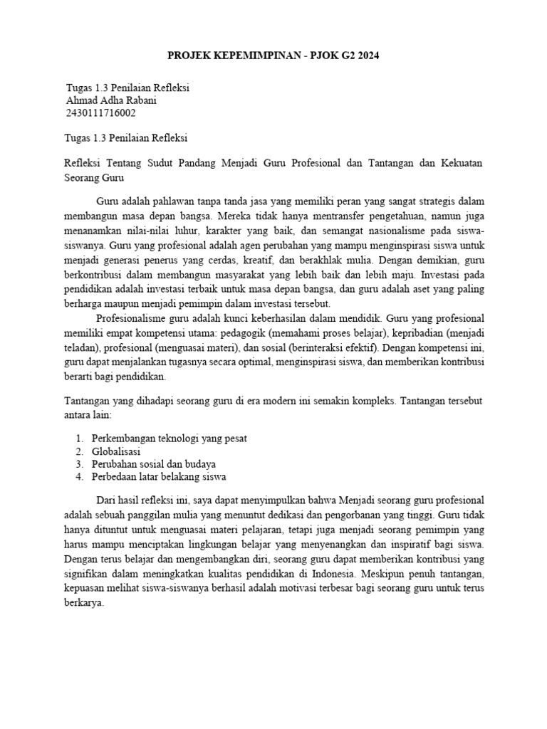 Tugas-1-3-Penilaian-Refleksi Projek Kepemimpinan | PDF