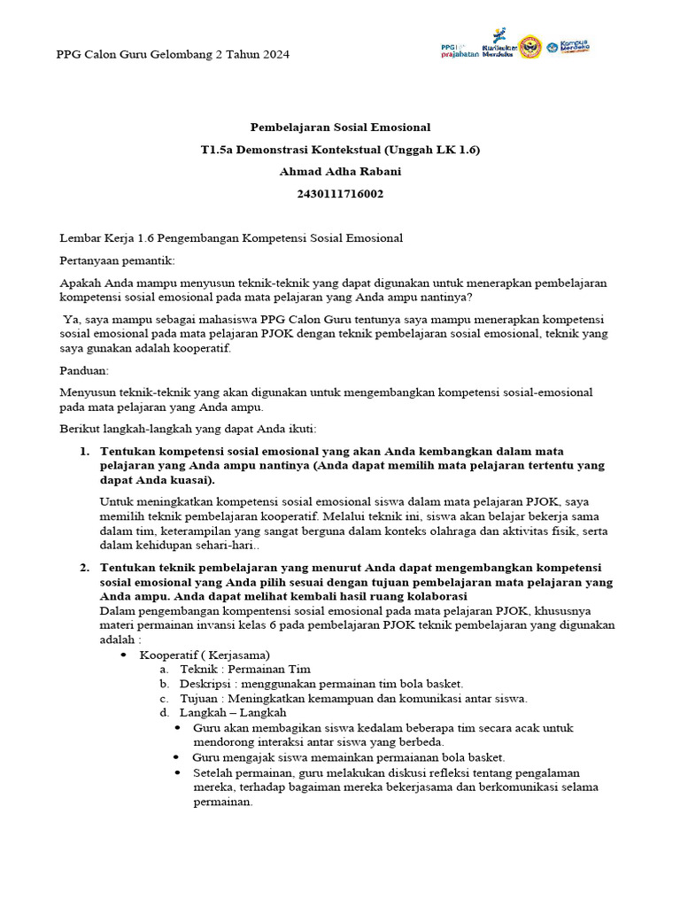 T1.5a Demonstrasi Kontekstual (Unggah LK 1.6) Pembelajaran Sosial Emosional | PDF