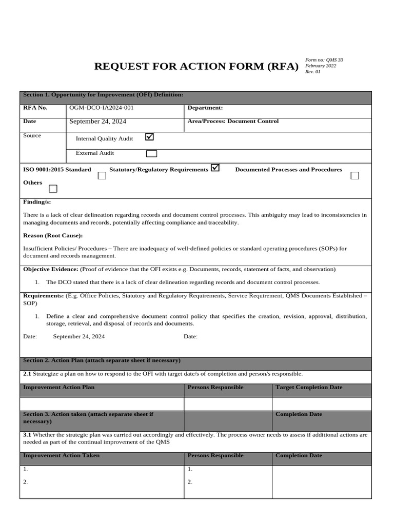 Document Control Improvement Request Form | PDF | Audit | Quality ...