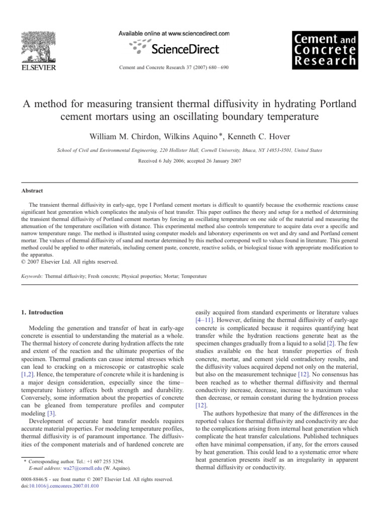 A method for measuring transient thermal diffusivity in hydrating Portland cement mortars using ...