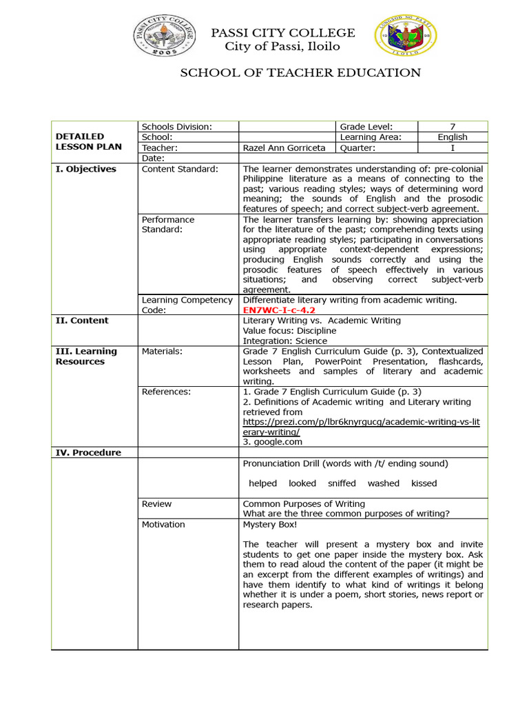 Grade 7 English Lesson Plan: Writing Types | PDF | Lesson Plan | Curriculum