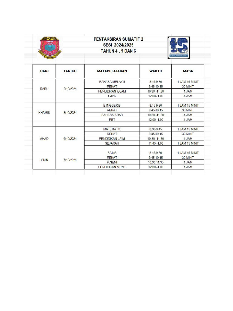 Jadual Exam - Tahap 2 Sumatif 2 Okt 2024 | PDF