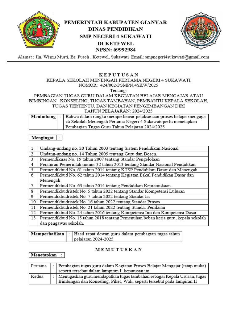 SK Pembagian Tugas Semester Genap TP.2024-2025 | PDF
