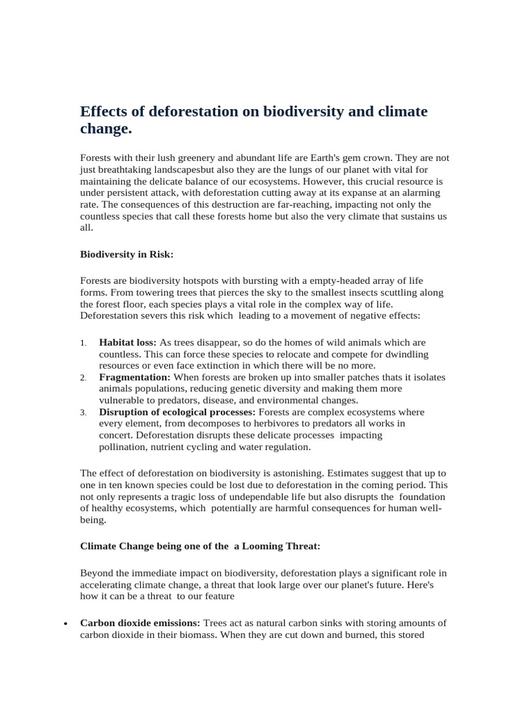 Deforestation's Impact on Biodiversity & Climate | PDF | Climate Change ...