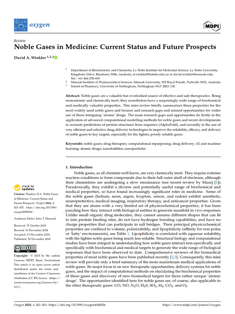 Noble Gases in Medicine Current Status and Future | PDF | Binding Site ...