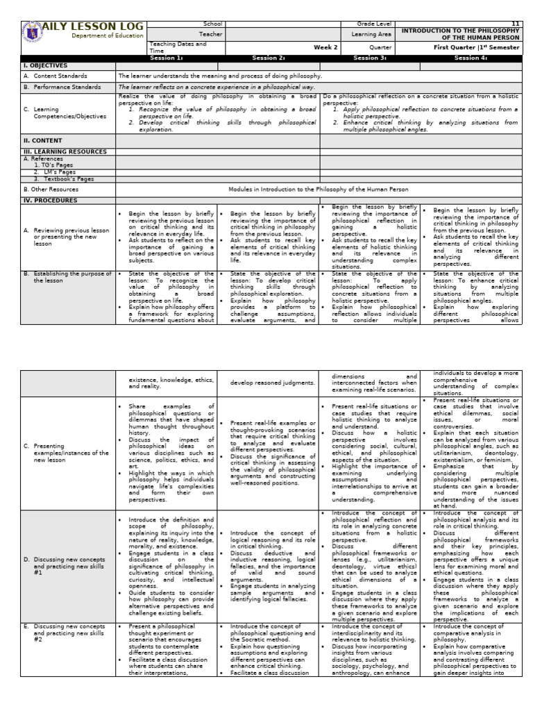 DLL Philosophy Quarter 1 Week 2 | PDF | Critical Thinking | Thought