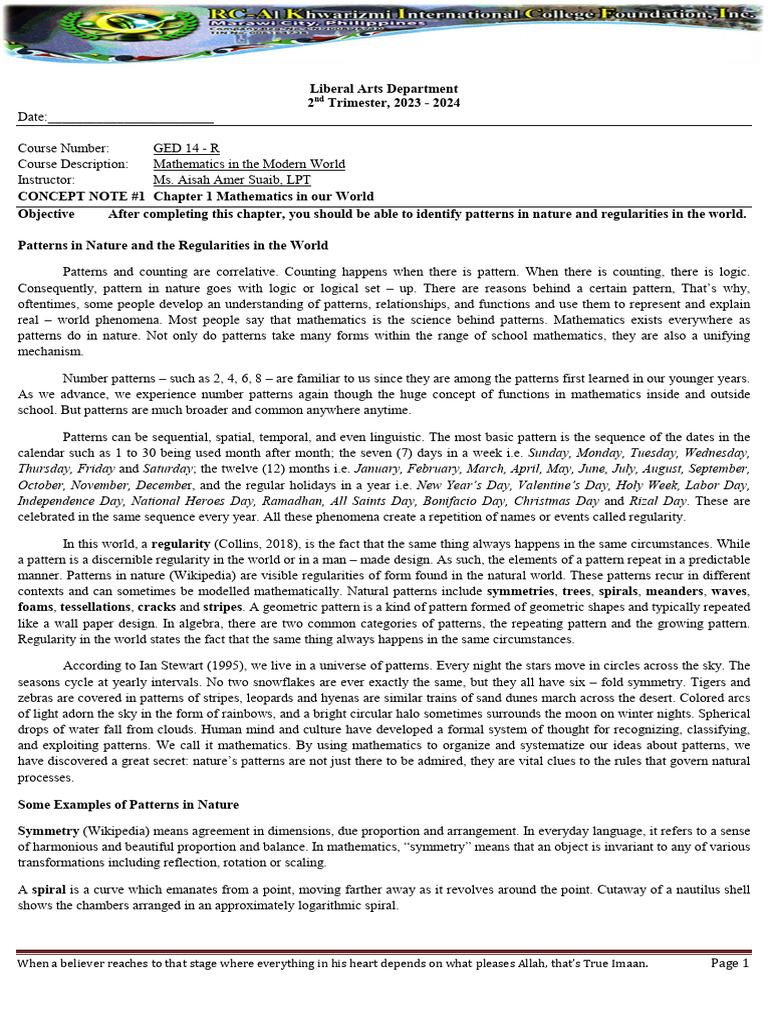 GED14 R Chapter 1 Concept Note1 Patters in Nature and The Regularities ...