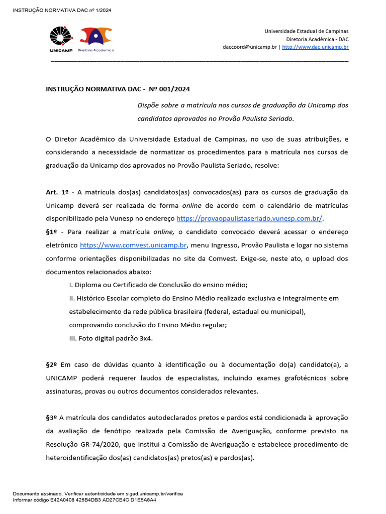 Unicamp - Instrução Normativa DAC 01-2024 Matrícula Provão Paulista | PDF