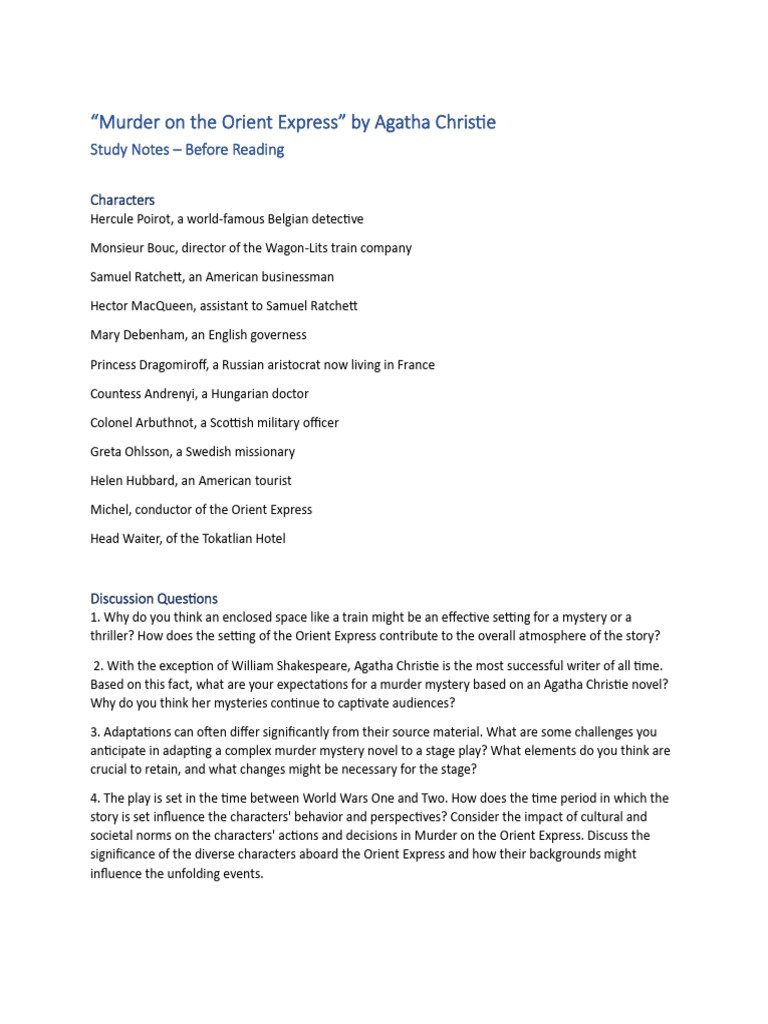 Murder on the Orient Express Study Guide | PDF | Hercule Poirot ...