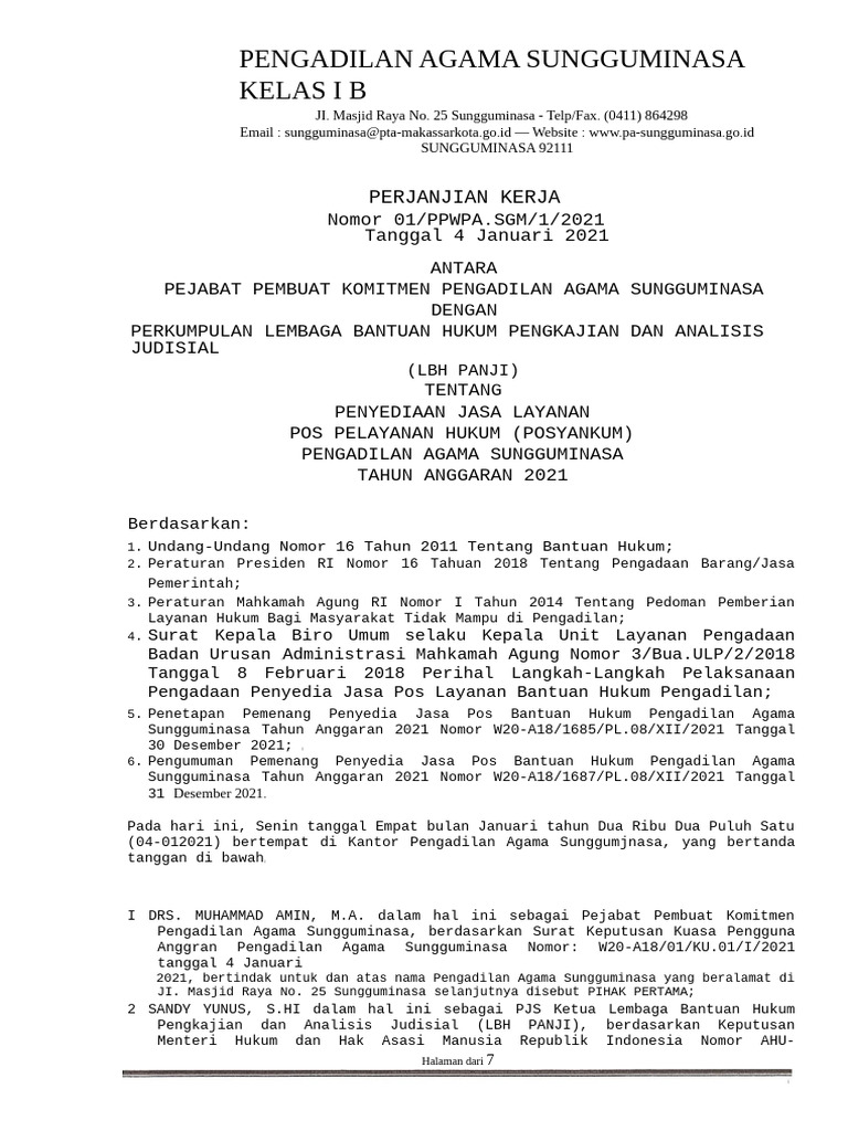 Perjanjian Kerjasama Antara LBH Panji Dengan PA SGM | PDF