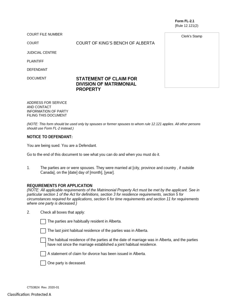 Matrimonial Property Claim Form Alberta | PDF | Legal Remedy | Lawsuit